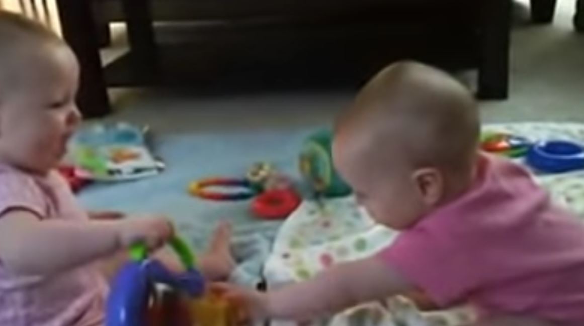Twin babies are pure joy playing keep away with toy
