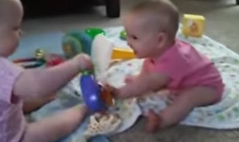 Twin babies are pure joy playing keep away with toy