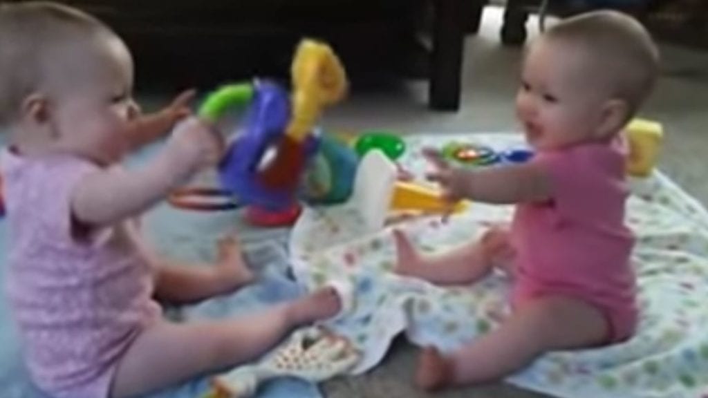 Twin babies are pure joy playing keep away with toy