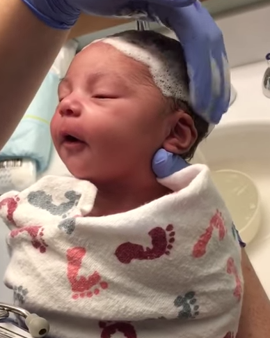 Adorable Newborn Gets Her Hair Washed