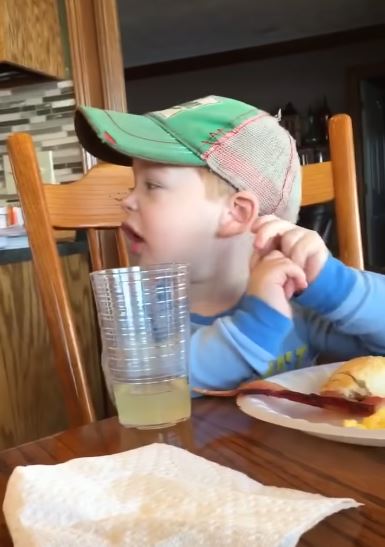 Funny little boy shows how to give directions in the country