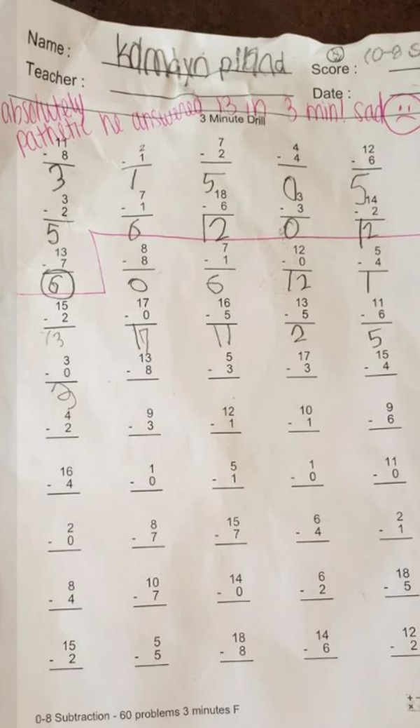Teacher writes awfully cruel comment on 7-year-old's math quiz