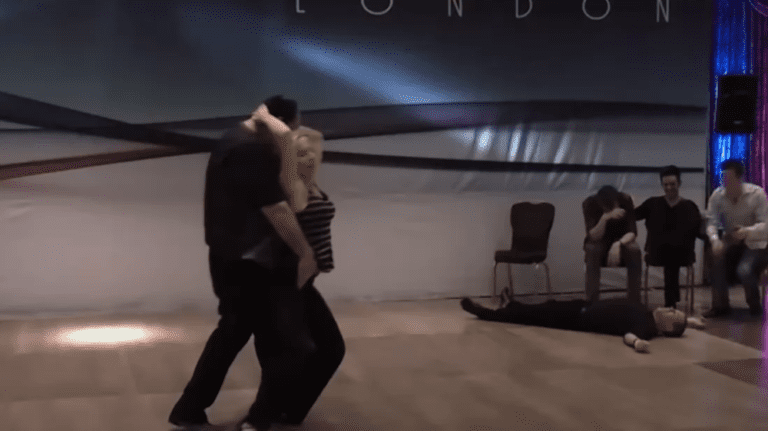 Husband watching on has to be held back when wife’s dance routine gets ...