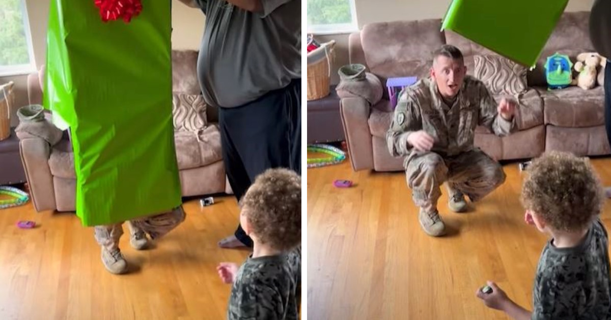 Army dad disguises himself as giant present after being away for 1 year